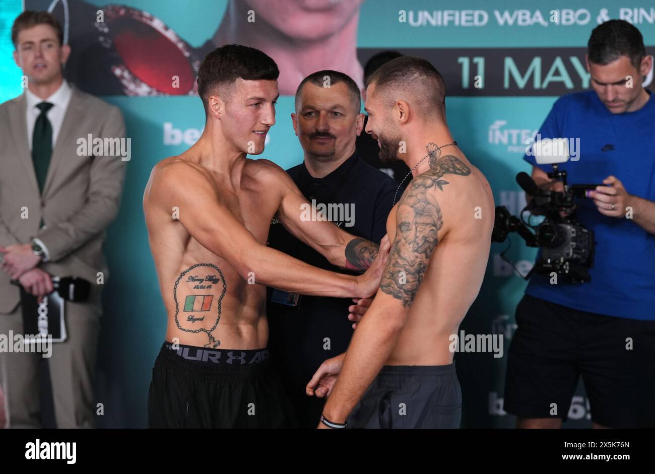 Kyran Jones (left) and Lewis Howells during the weigh in at the Cardiff ...