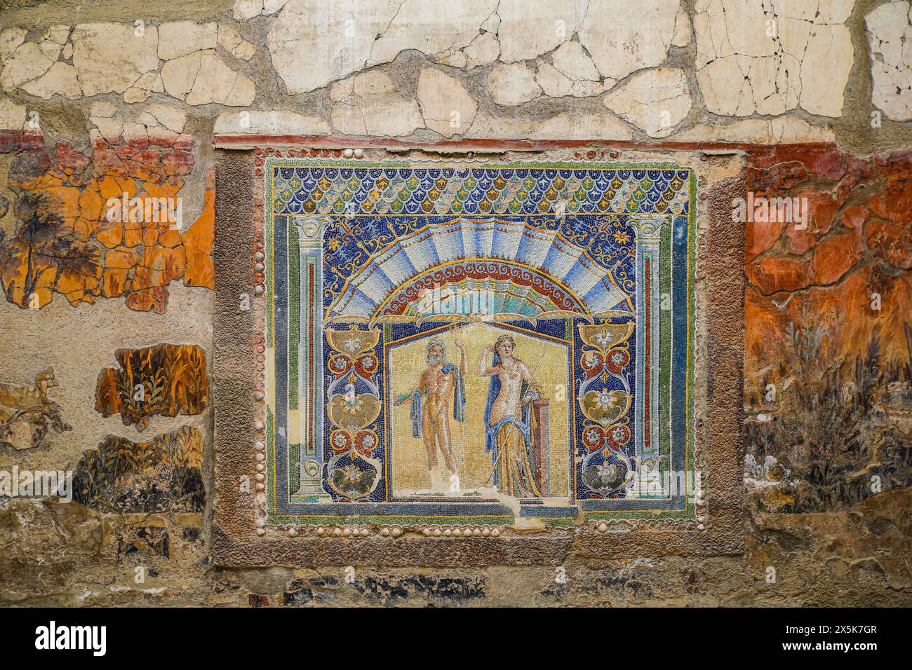 Naples, Italy, Herculaneum ruins. Roman Grecian colorful man and woman ...