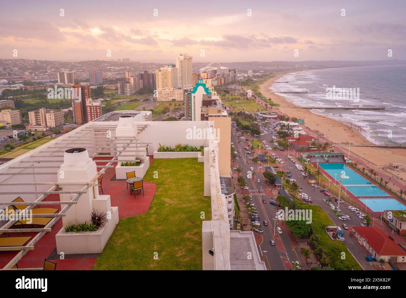 Elevated view of beaches, promenade and Indian Ocean, Durban, KwaZulu-Natal Province, South ...