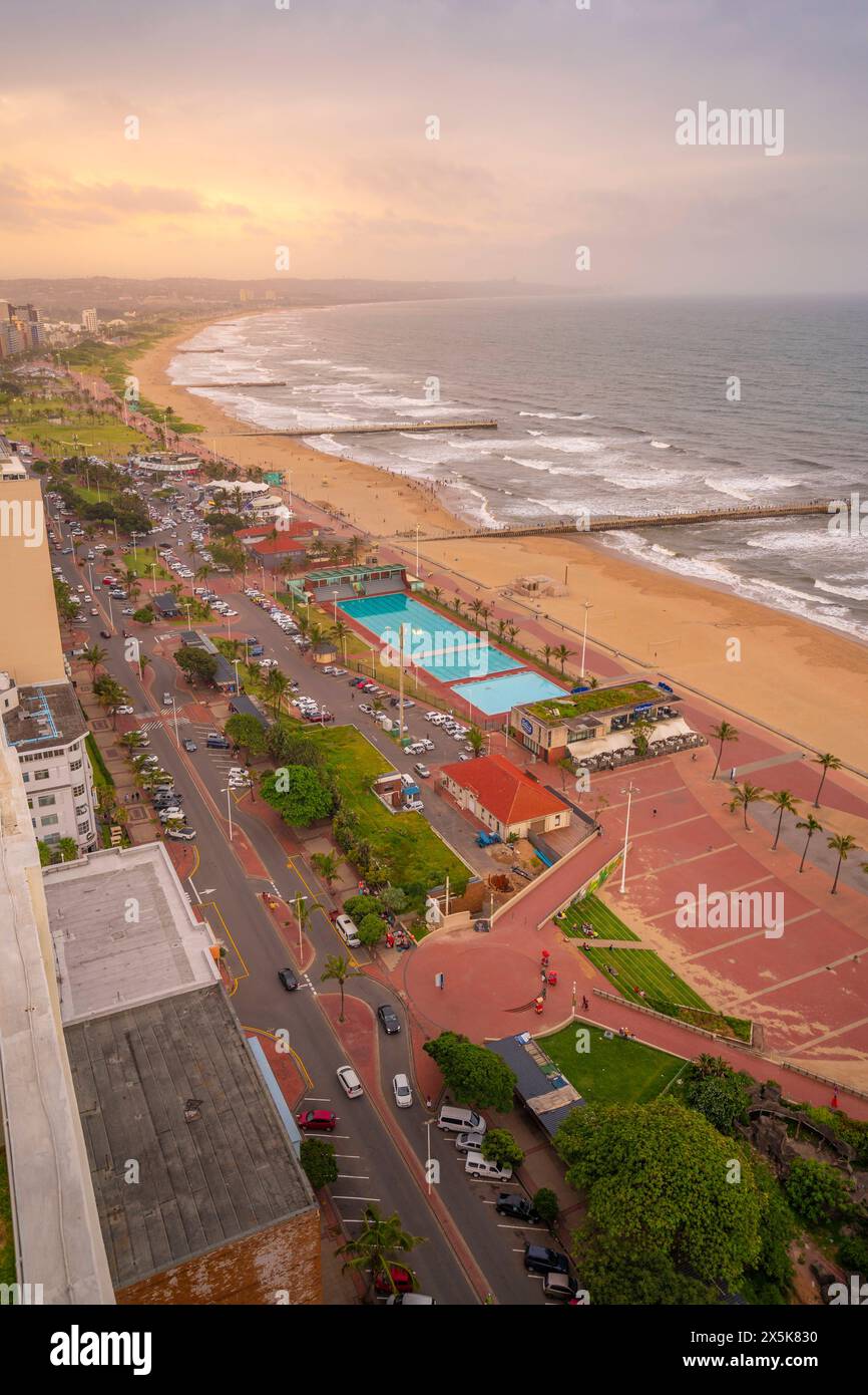 Elevated view of beaches, promenade and Indian Ocean, Durban, KwaZulu ...