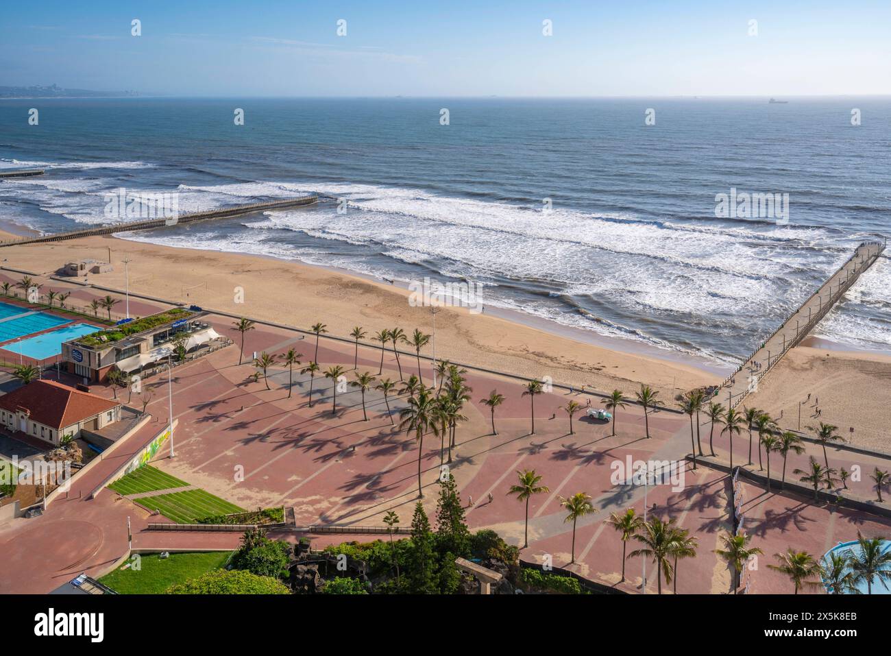 Elevated view of beaches, promenade and Indian Ocean, Durban, KwaZulu ...