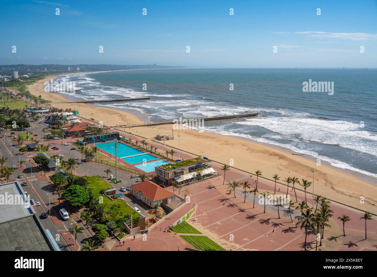 Elevated view of beaches, promenade and Indian Ocean, Durban, KwaZulu ...