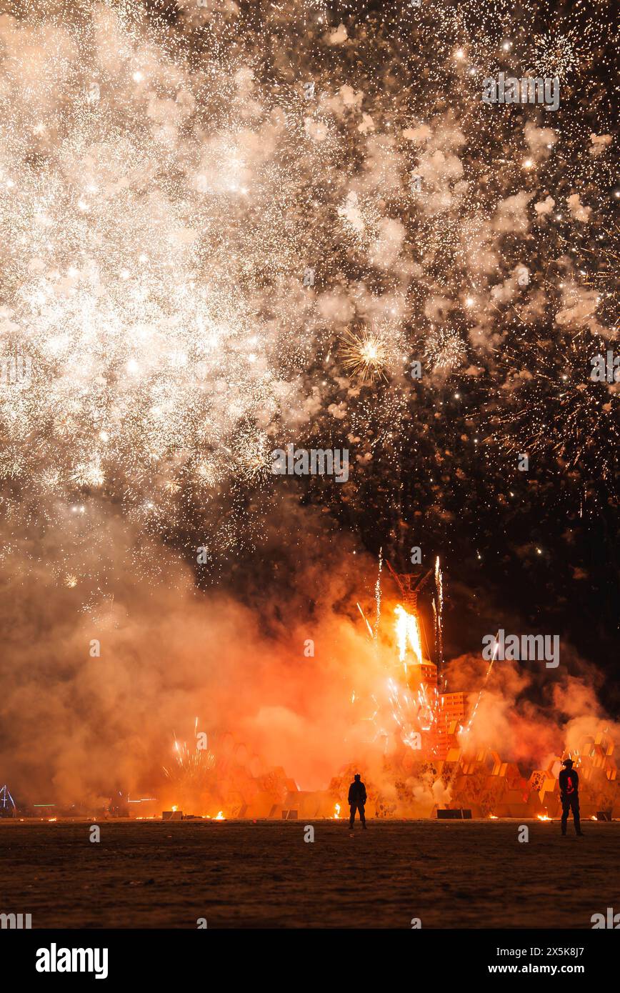 Spectacular Nighttime Fireworks Display at Desert Music Festival Stock ...