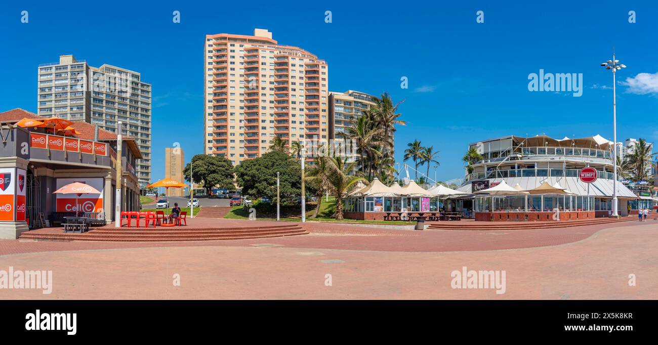 View of shops, restaurants and bars on promenade, Durban, KwaZulu-Natal ...
