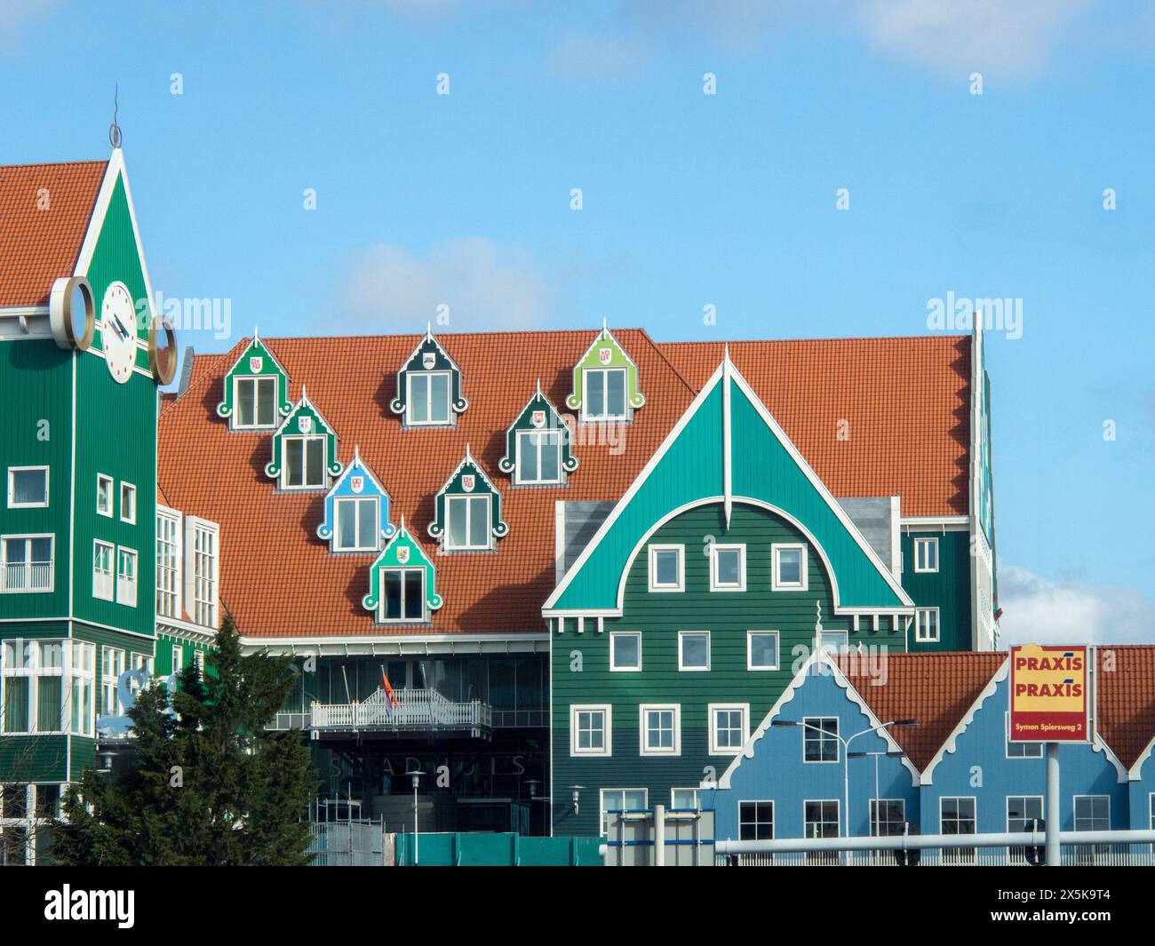 Holland, Netherlands, Zaandam. Colorful Dutch buildings and shops along ...