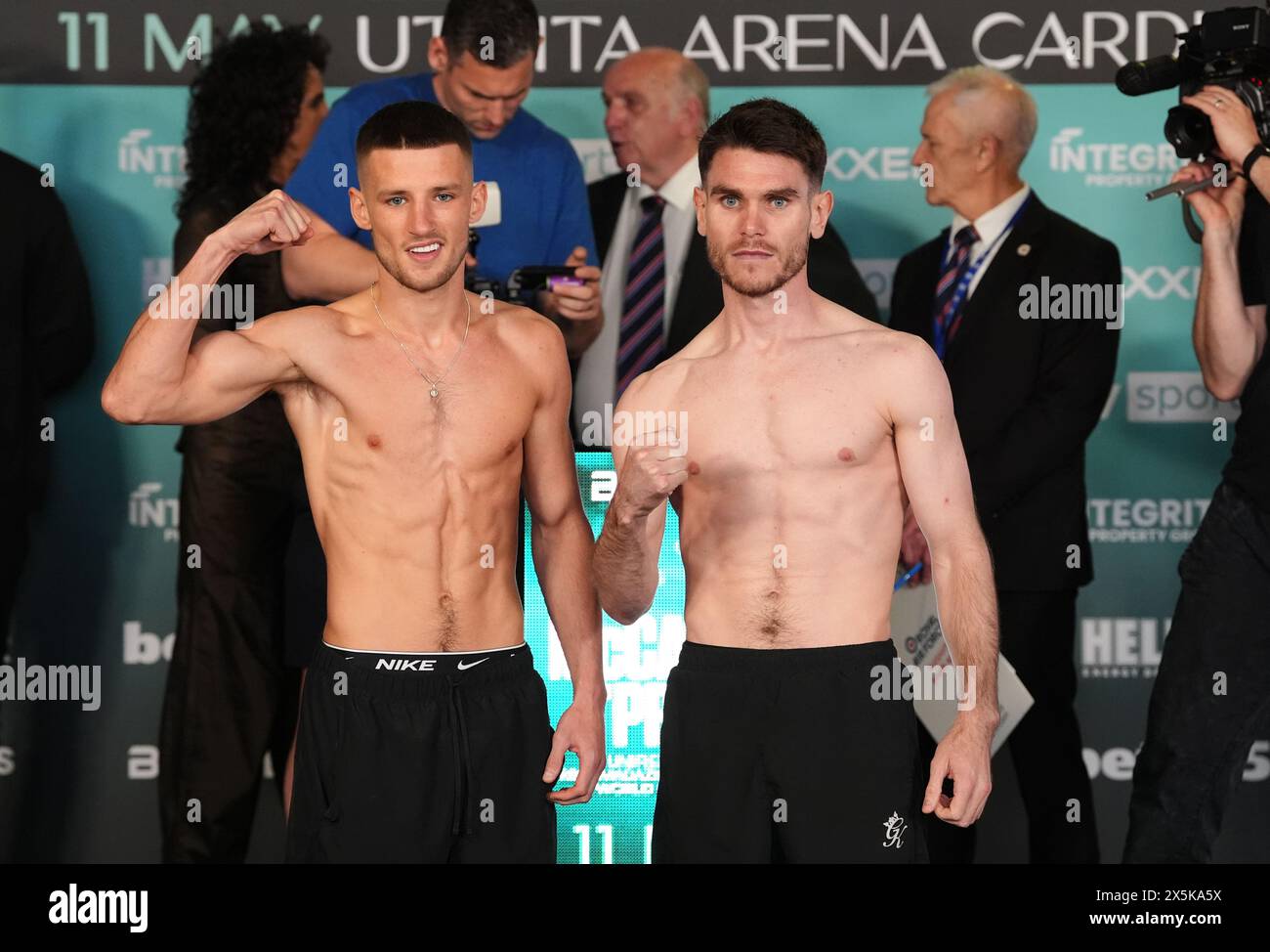 Rhys Edwards (left) and Thomas Patrick Ward during the weigh in at the ...