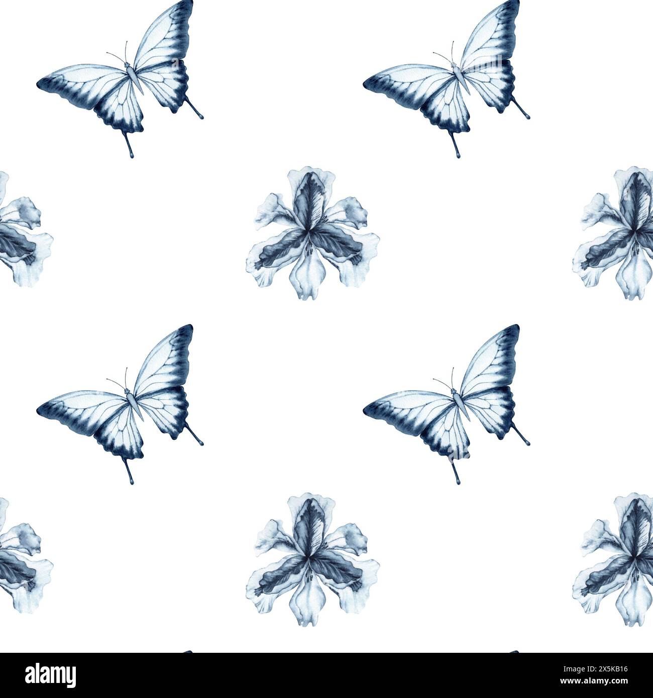 Monochrome seamless pattern with butterflies and flowers. Blue indigo ...