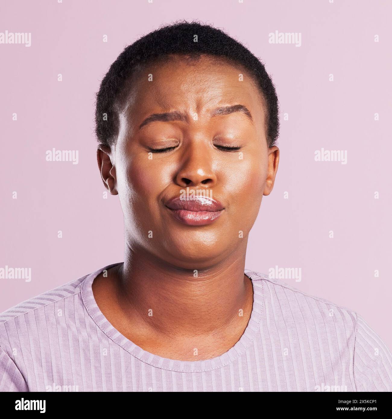 Annoyed, eyebrow and black woman in studio with attitude, reaction and ...