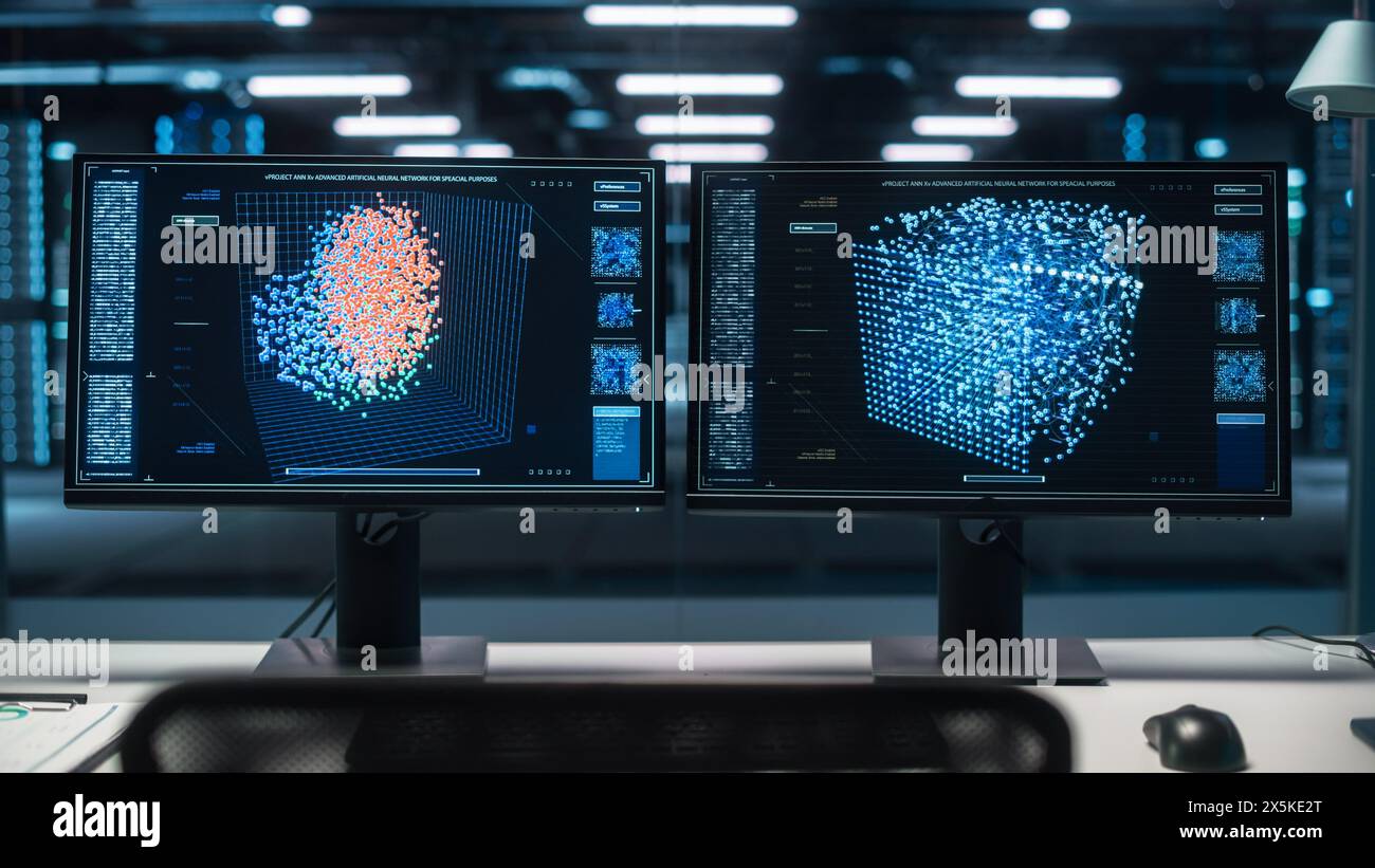 High-Tech Big Data Center Server with Two Screens Showing Advanced Neural Network, Machine ...