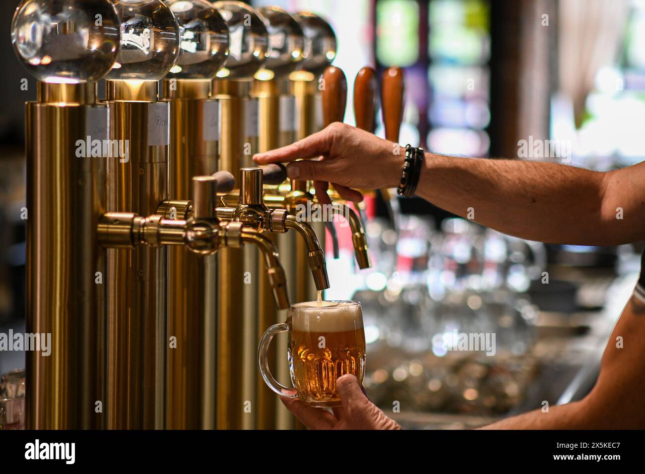 the waiter is capping a beer at the bar Stock Photo - Alamy