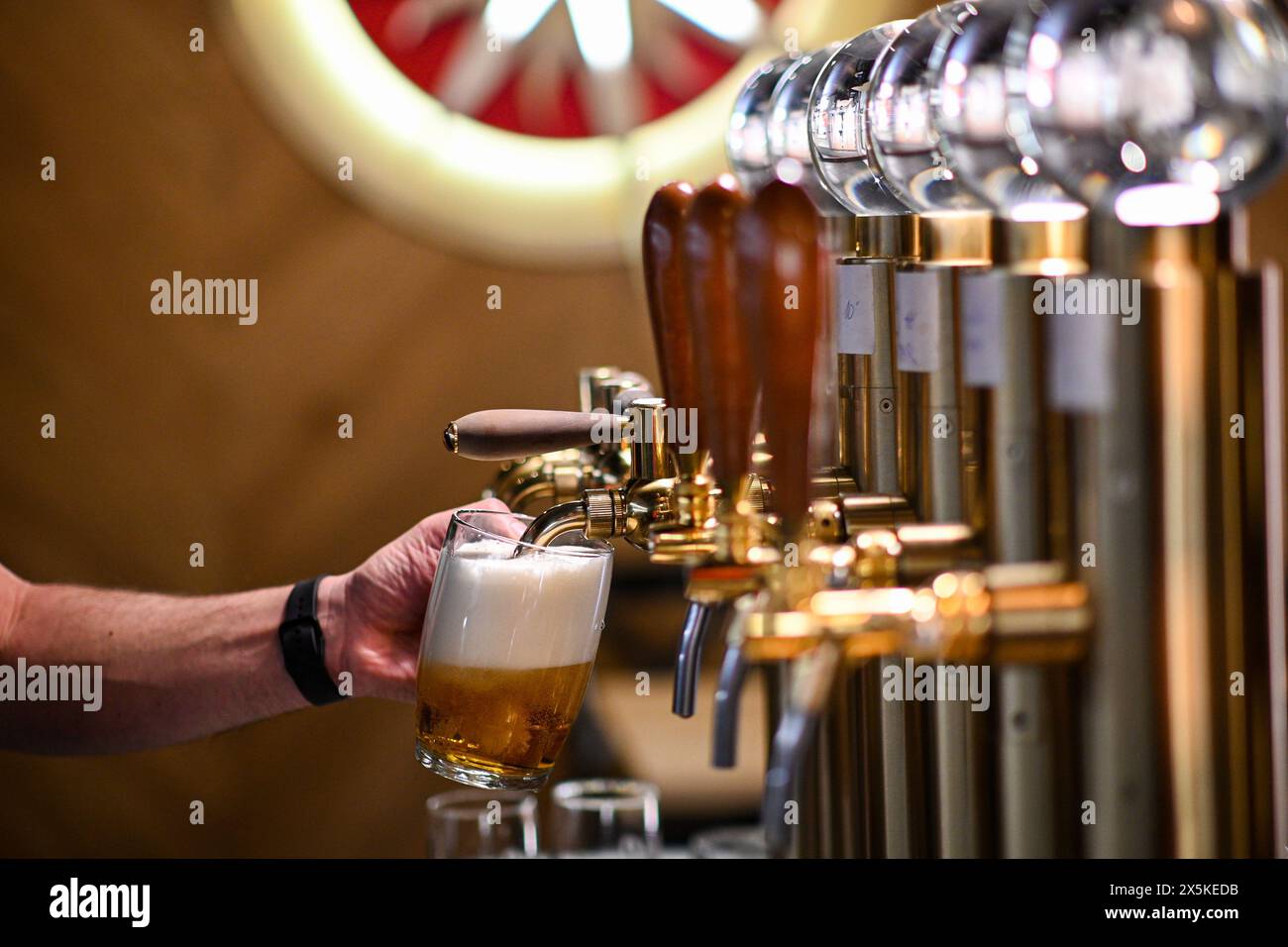the waiter is capping a beer at the bar Stock Photo - Alamy