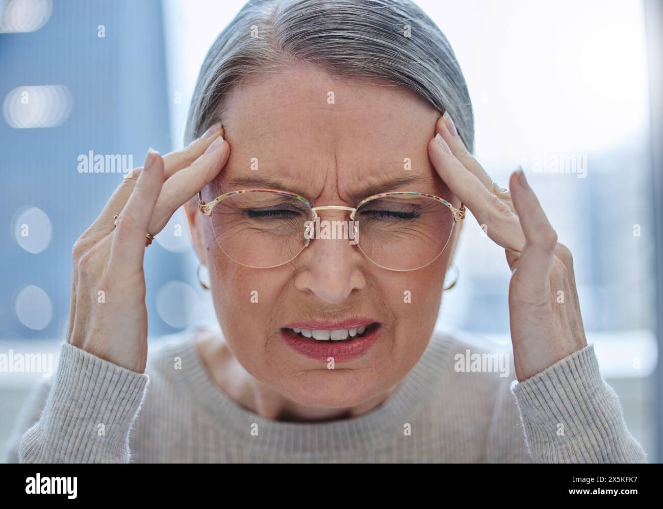 Corporate, office and woman with headache in stress for accounting ...