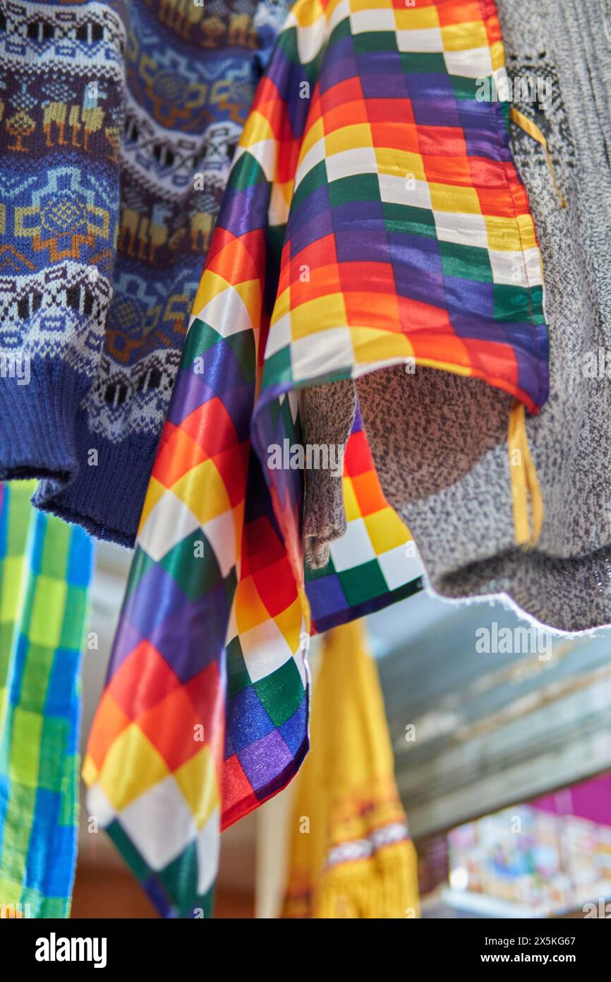 Close-up of a wiphala flag hanging in a market in northern Argentina ...
