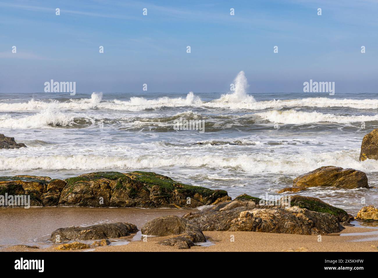 Portugal. Arcozelo. Breaking waves at the Praia da Miramar, Miramar ...