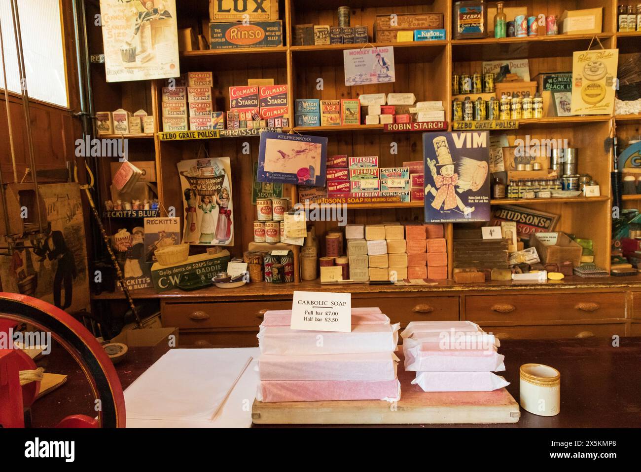 England, County Durham, Stanley. Beamish Museum. Store shelves full of ...
