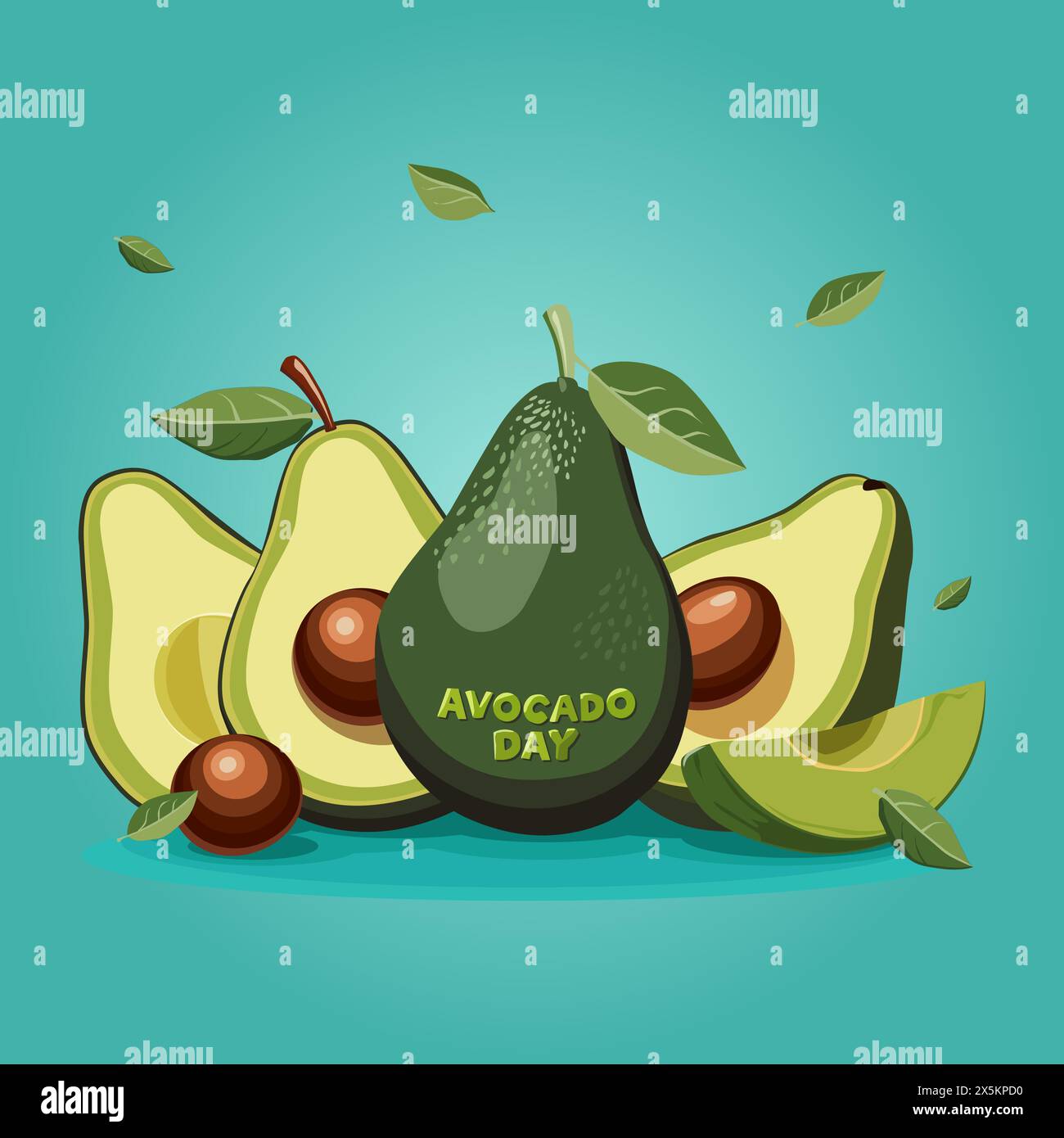 Fresh whole and half cut green avocado with leaves and text. Banner for ...