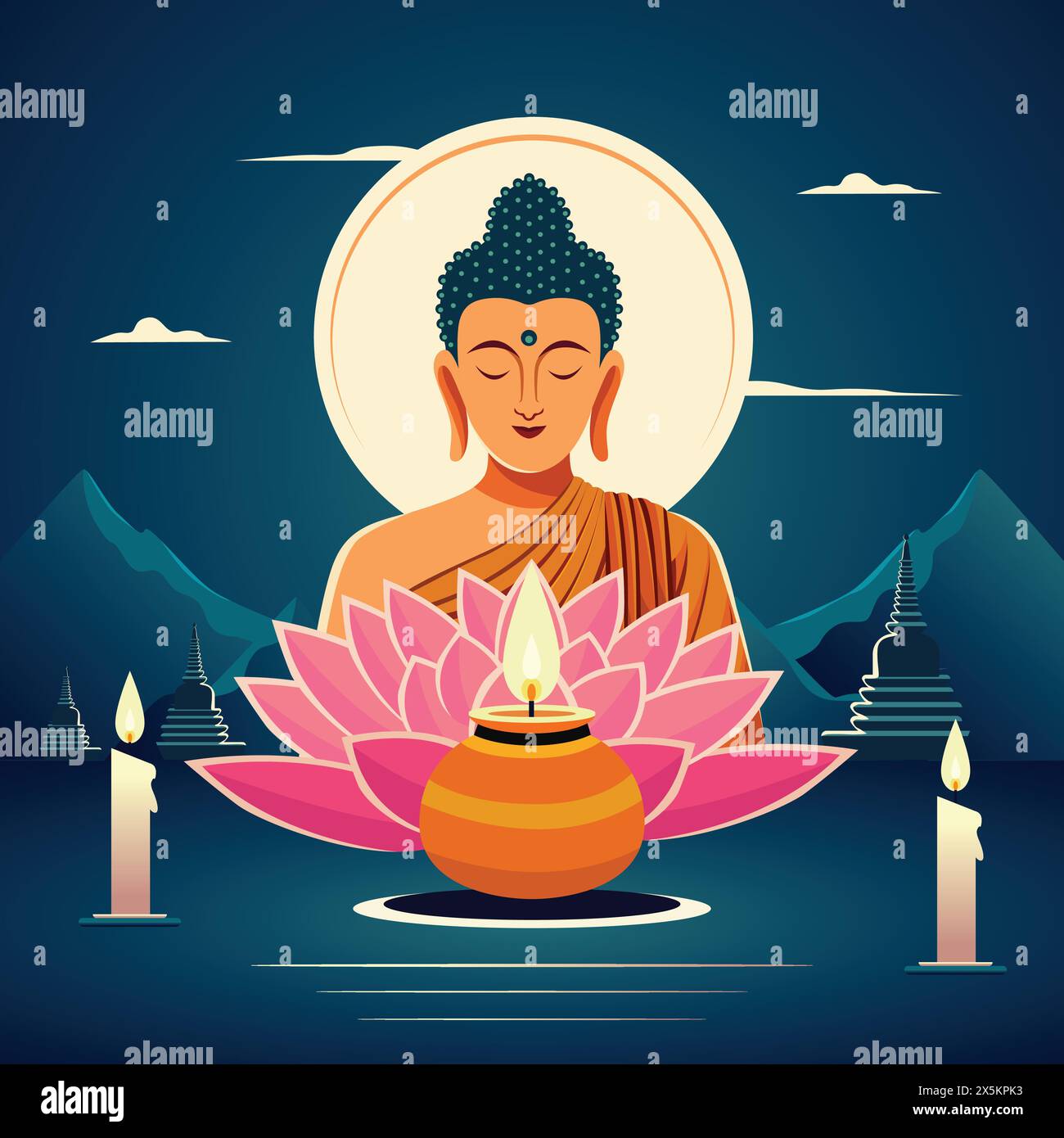 Illustration of buddha purnima. Buddha meditating in front of a lotus ...