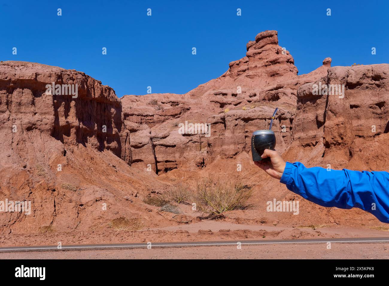 hand holding a mate, in the background a rocky mountain in Cafayate ...