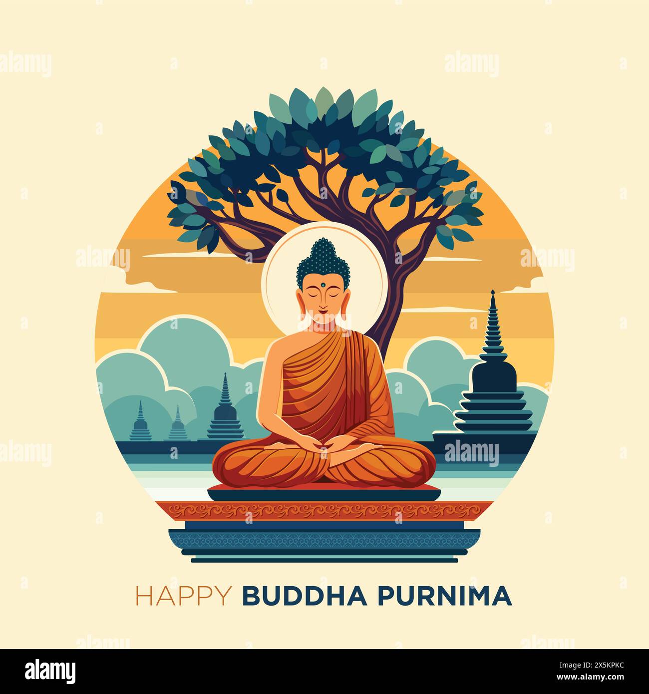 Vector Illustration of buddha purnima. Buddha sitting under a bodhi ...