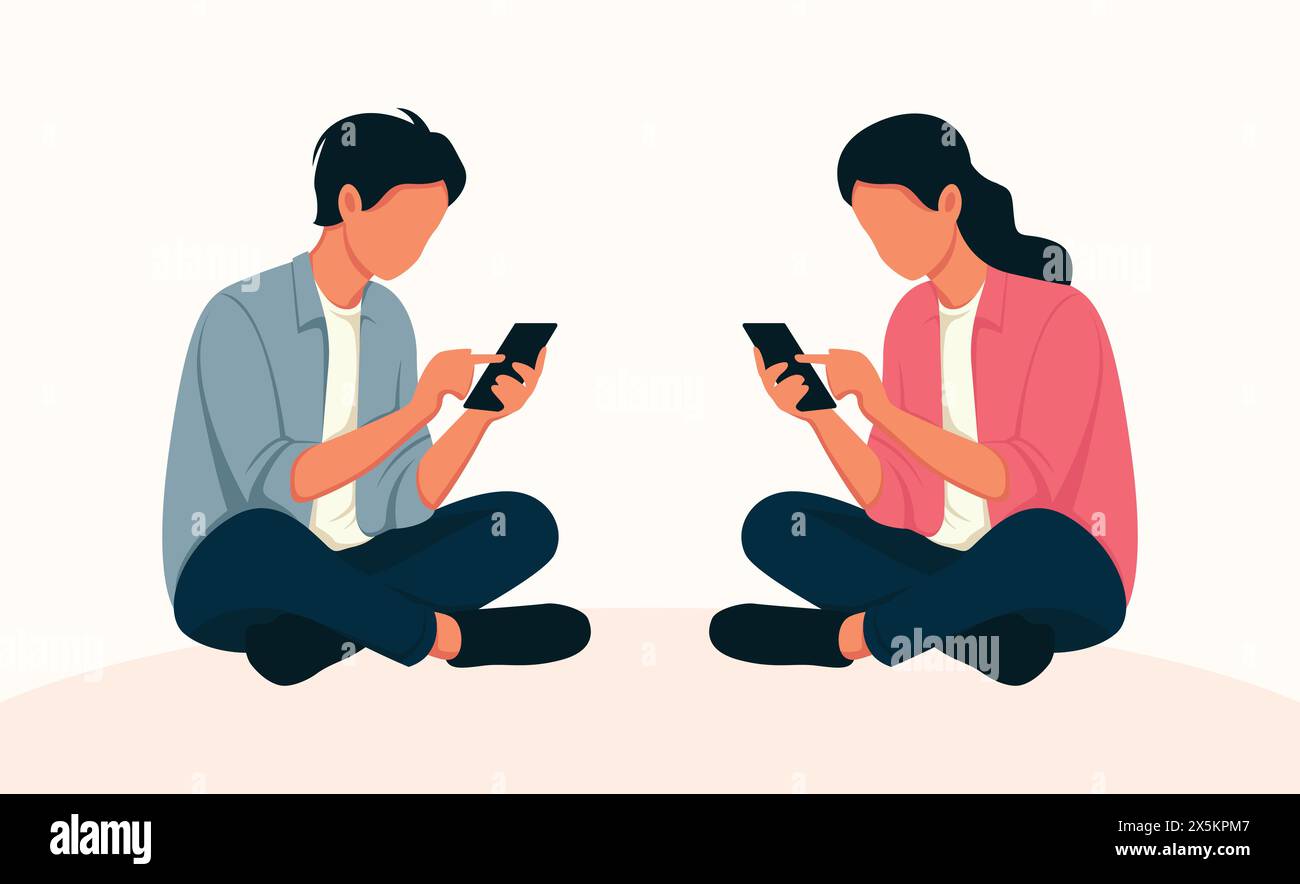 Vector Illustration of two young people using mobile phone sitting on ...