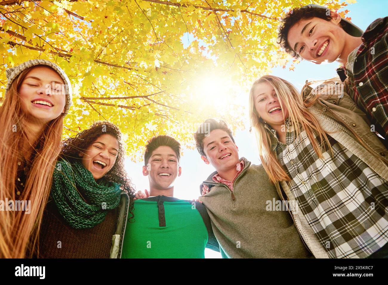 Tree, happy and people with smile in nature for outdoor friendship ...