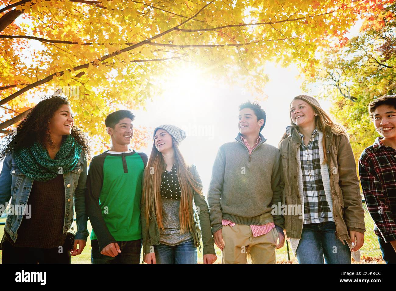 Tree, happy and group of teen in park for outdoor bonding, friendship ...