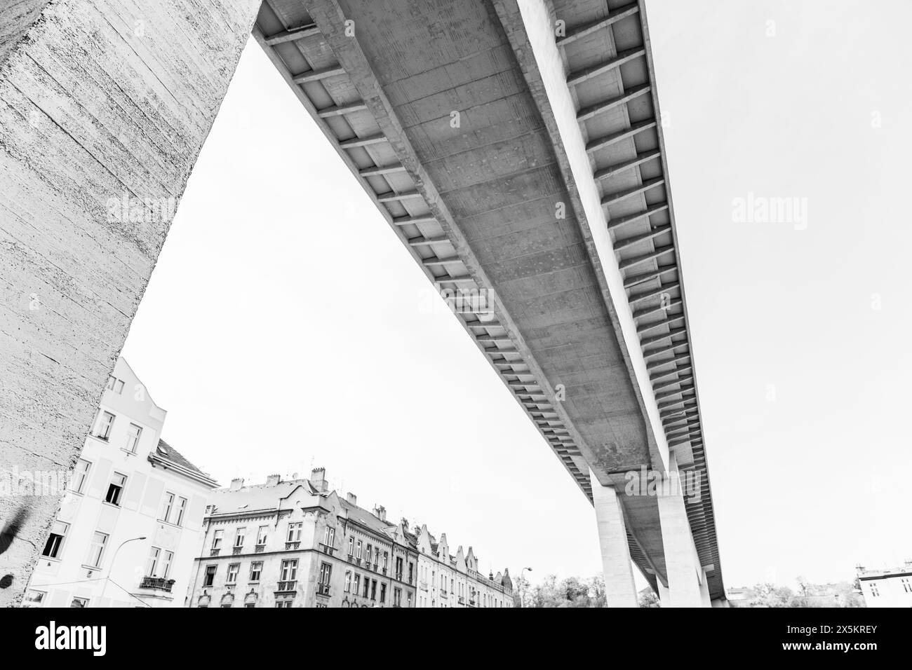 The Nusle Bridge in Prague spans above with its massive concrete ...