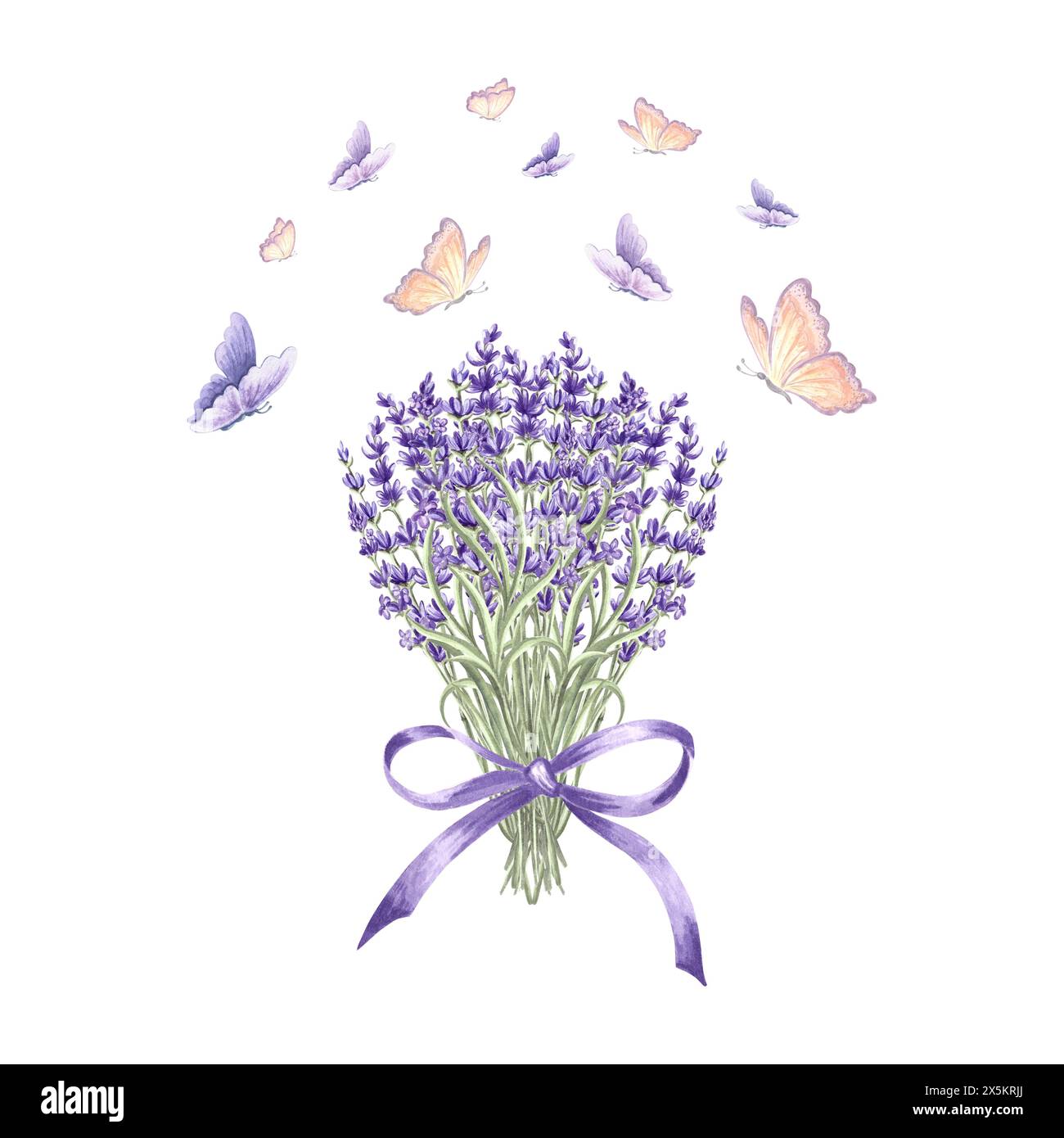 Lavender and butterflies. Provence floral bouquet purple with bow ...