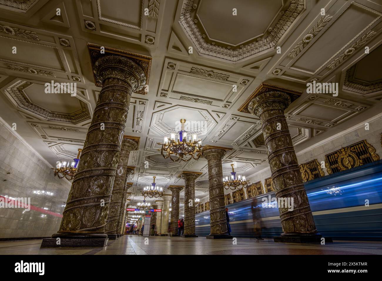 The interior of Avtovo metro underground station, built in 1955, marble ...