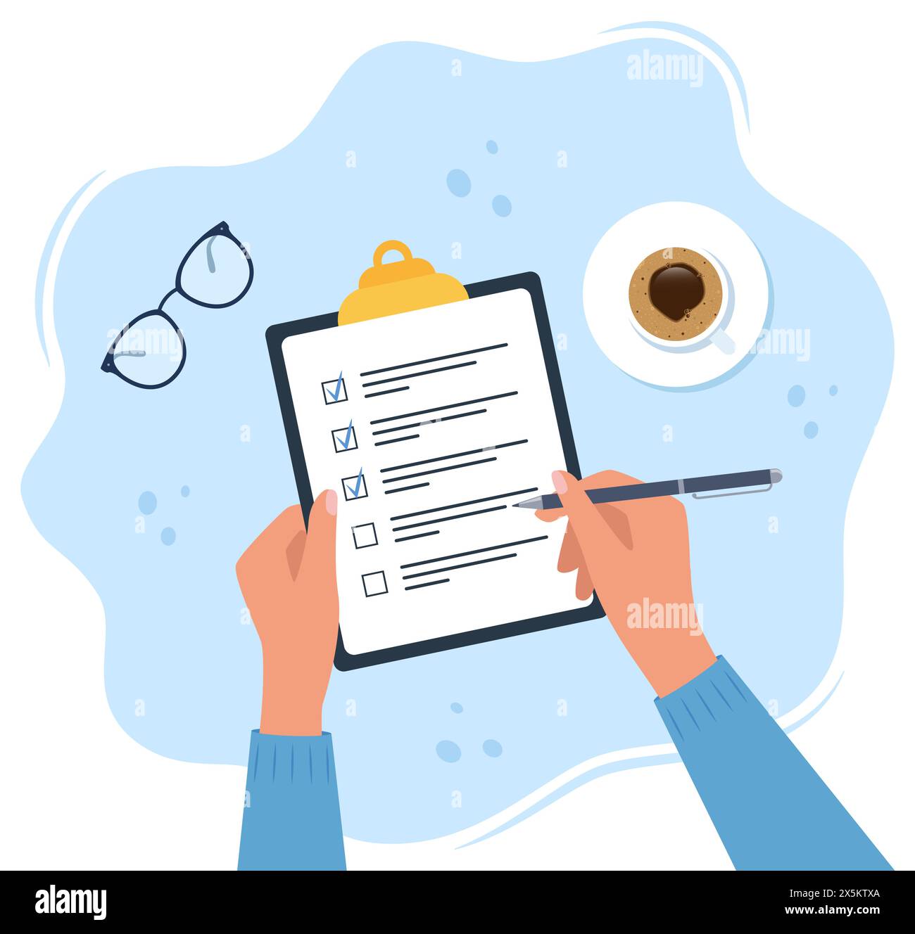 Hands on the table. A businessman writes a project plan, clipboard with ...