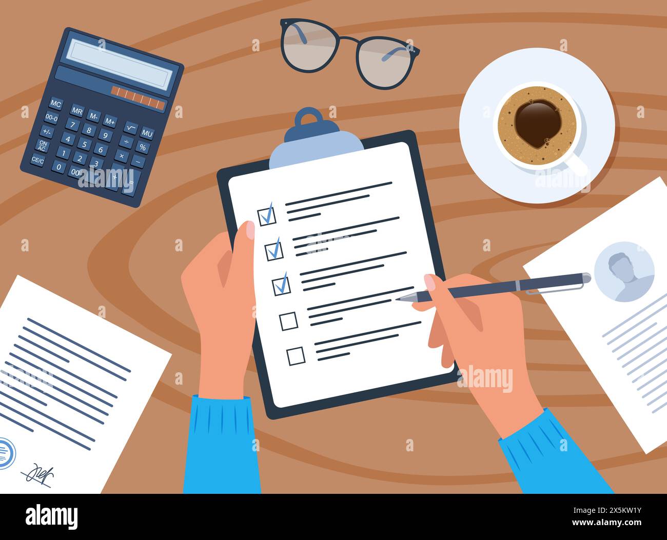 Hands on the table. A businessman writes a project plan, clipboard with ...