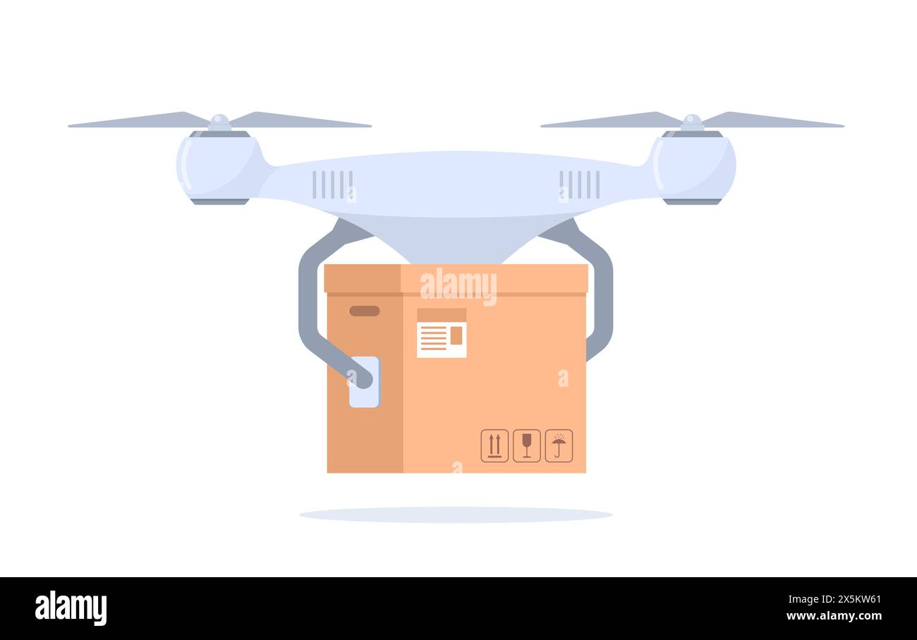 Drone working in modern warehouse. Robotics technology concept, fast delivery, artificial ...