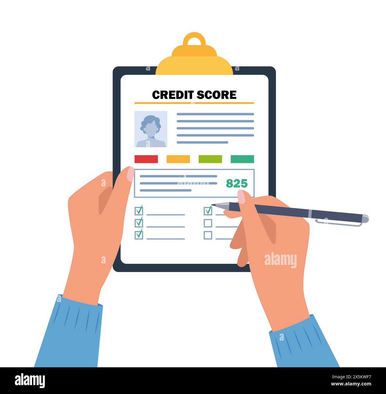 Credit score, gauge. Holding the clipboard in the hands of a man with a ...