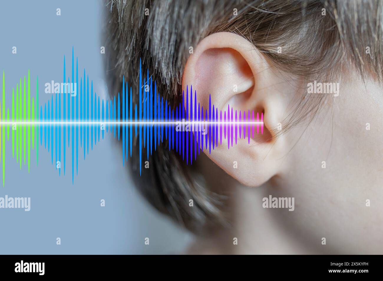 ear closeup, child listening, sound wave, acoustics and sound ...