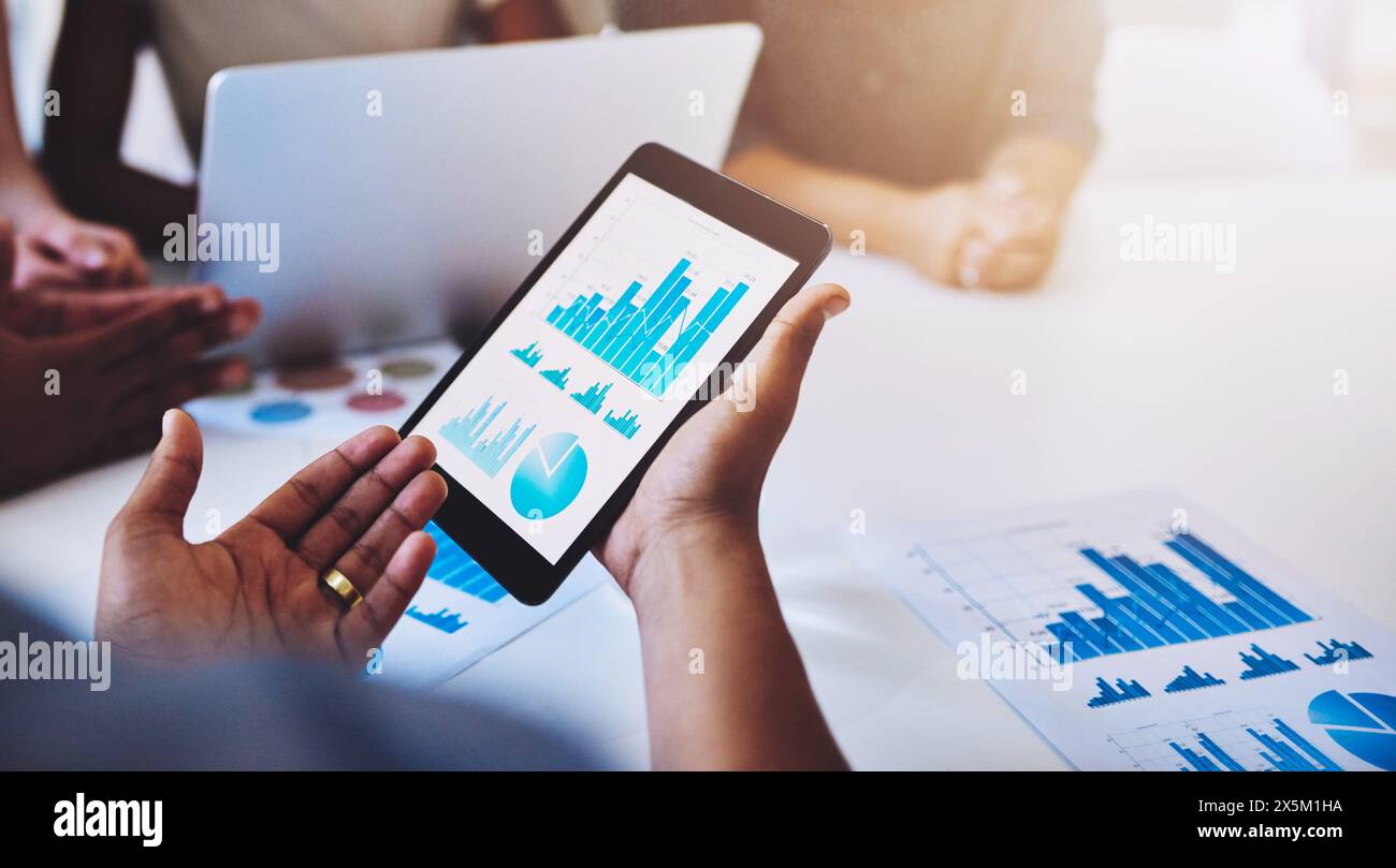 Tablet, screen and business people in meeting with graphs, charts and statistics for ...