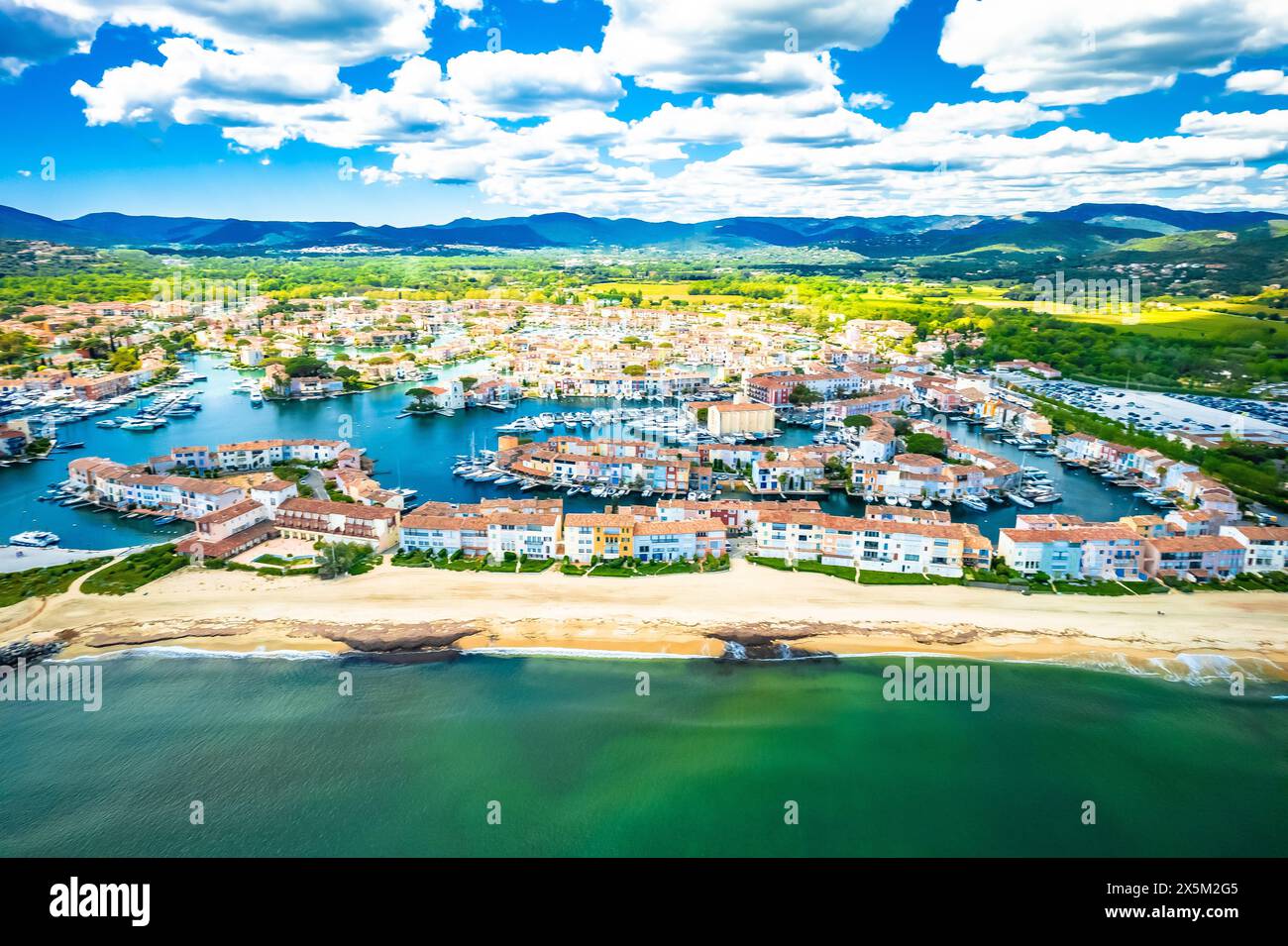 Scenic Port Grimaud yachting village marina aerial view, archipelago of ...