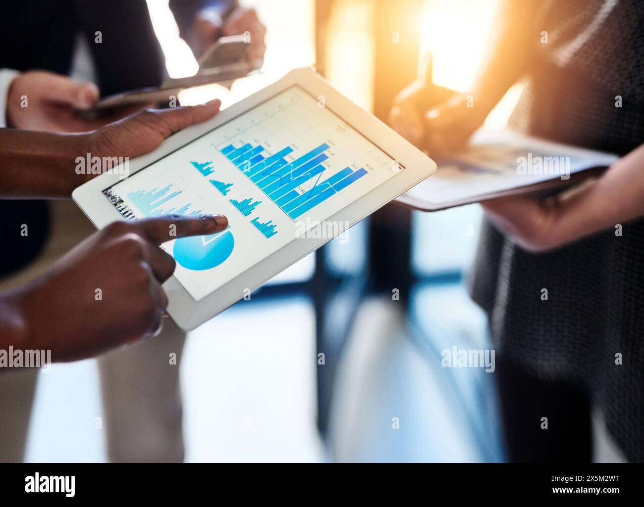 Tablet, screen and hands of business people with metrics, charts and graphs for productivity ...
