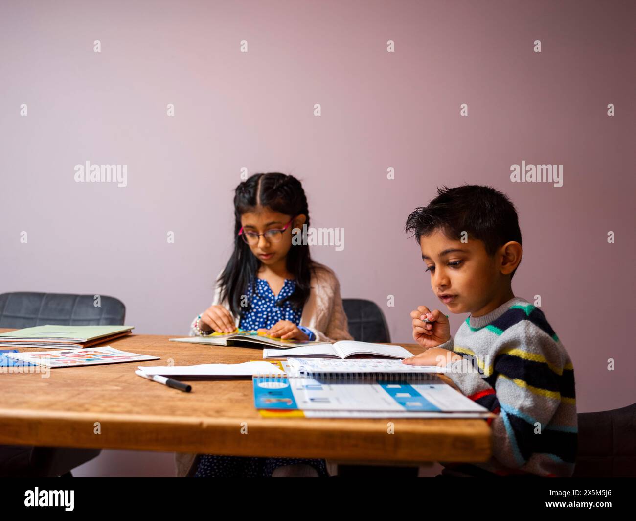 Siblings doing homework Stock Photo - Alamy