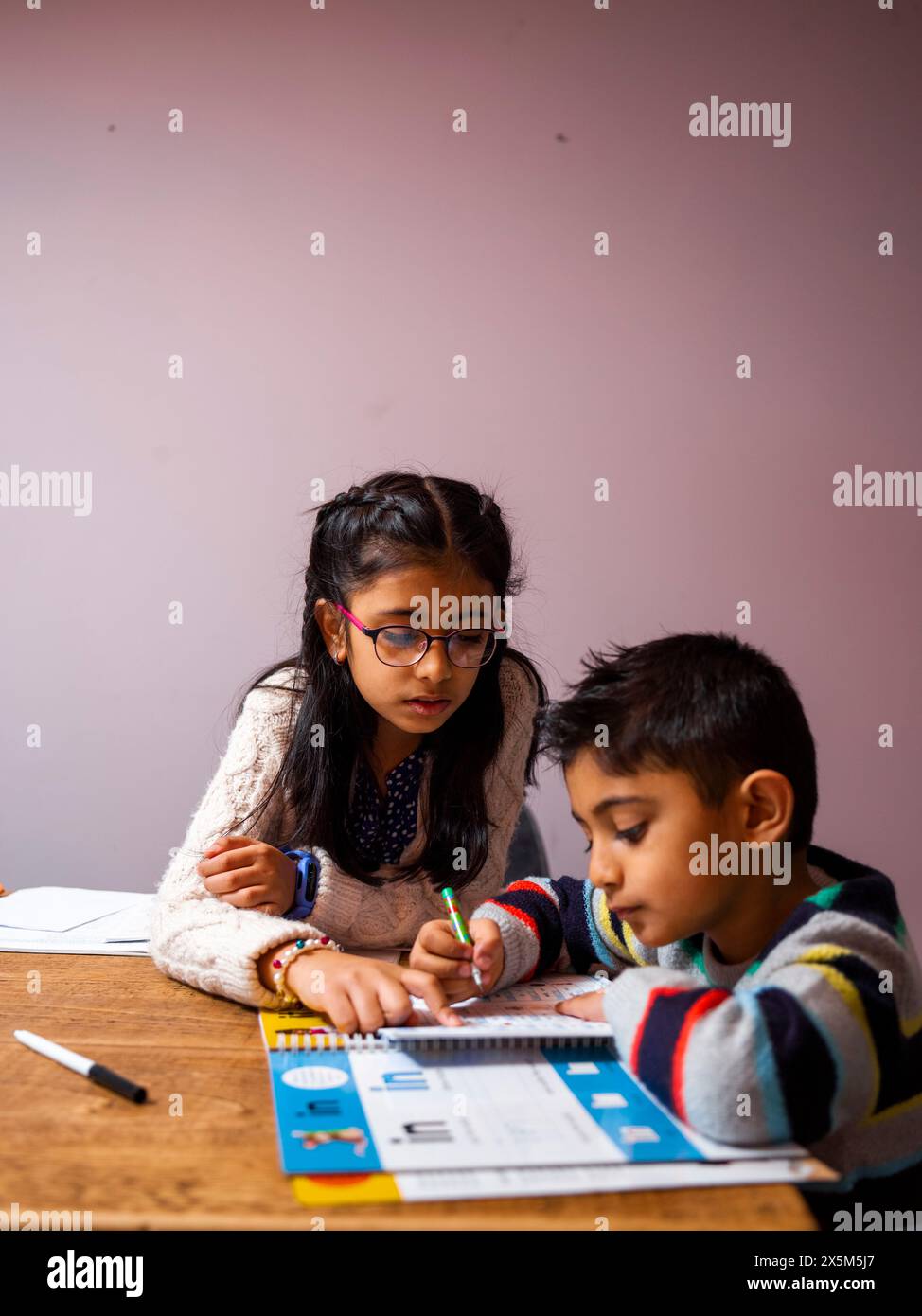 Siblings doing homework Stock Photo - Alamy