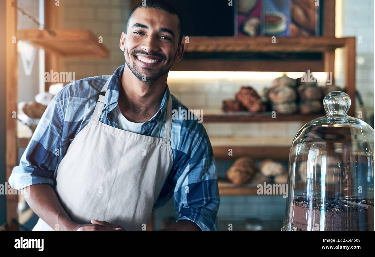 Cafe, portrait and happy man waiter in bakery for store welcome, help ...