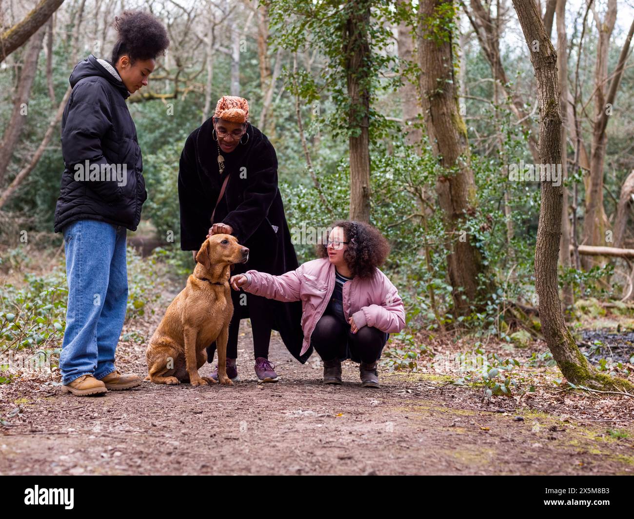Mother with two daughters and dog in forest Stock Photo - Alamy