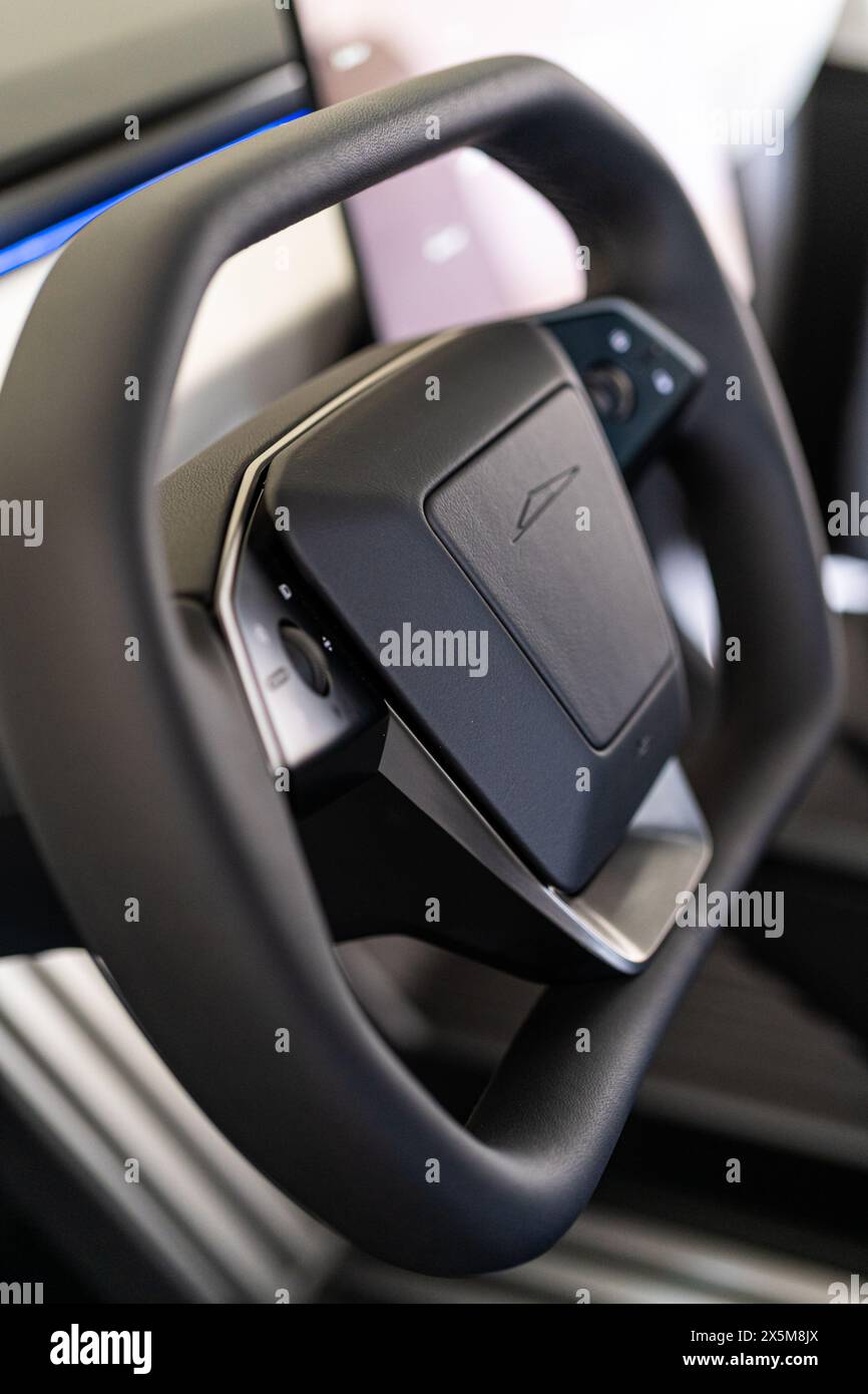 Close-Up View of the Steering Wheel in a Tesla Cybertruck Stock Photo ...