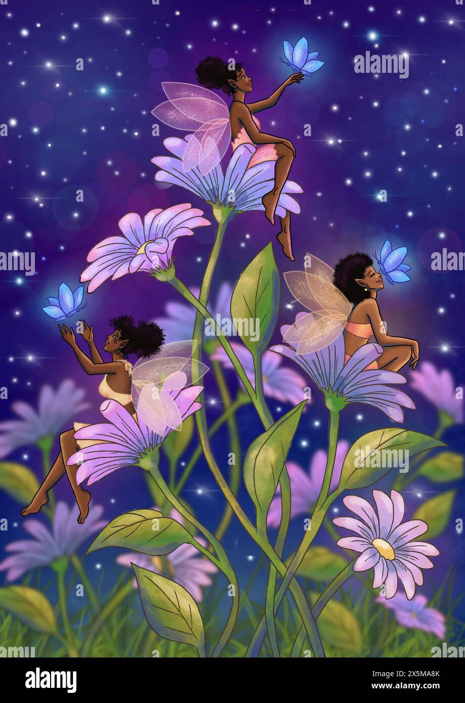 Fairies and butterflies on flowers at night Stock Photo - Alamy