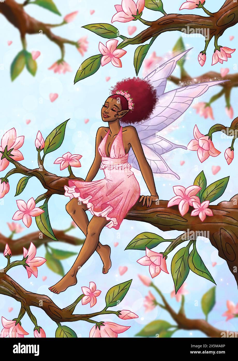 Fairy sitting on blooming tree, illustration Stock Photo - Alamy