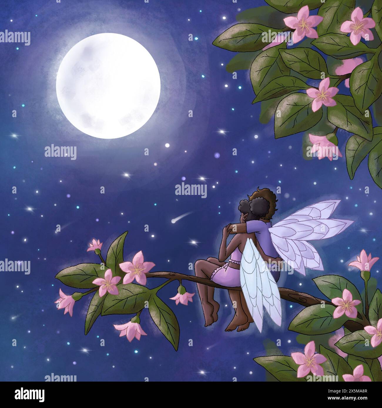 Fairy?couple sitting on blooming tree branch at night, illustration ...