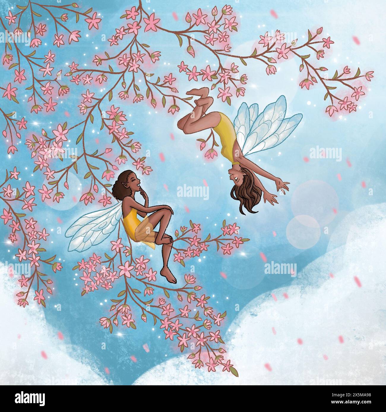 Fairies playing at blooming tree, illustration Stock Photo - Alamy
