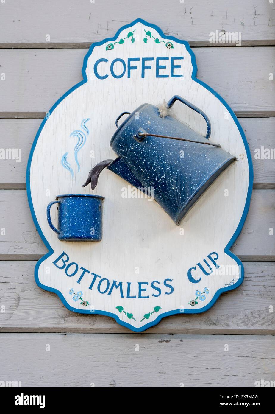 USA, Alaska, Talkeetna. Cute sign on a coffee shop in the town of ...