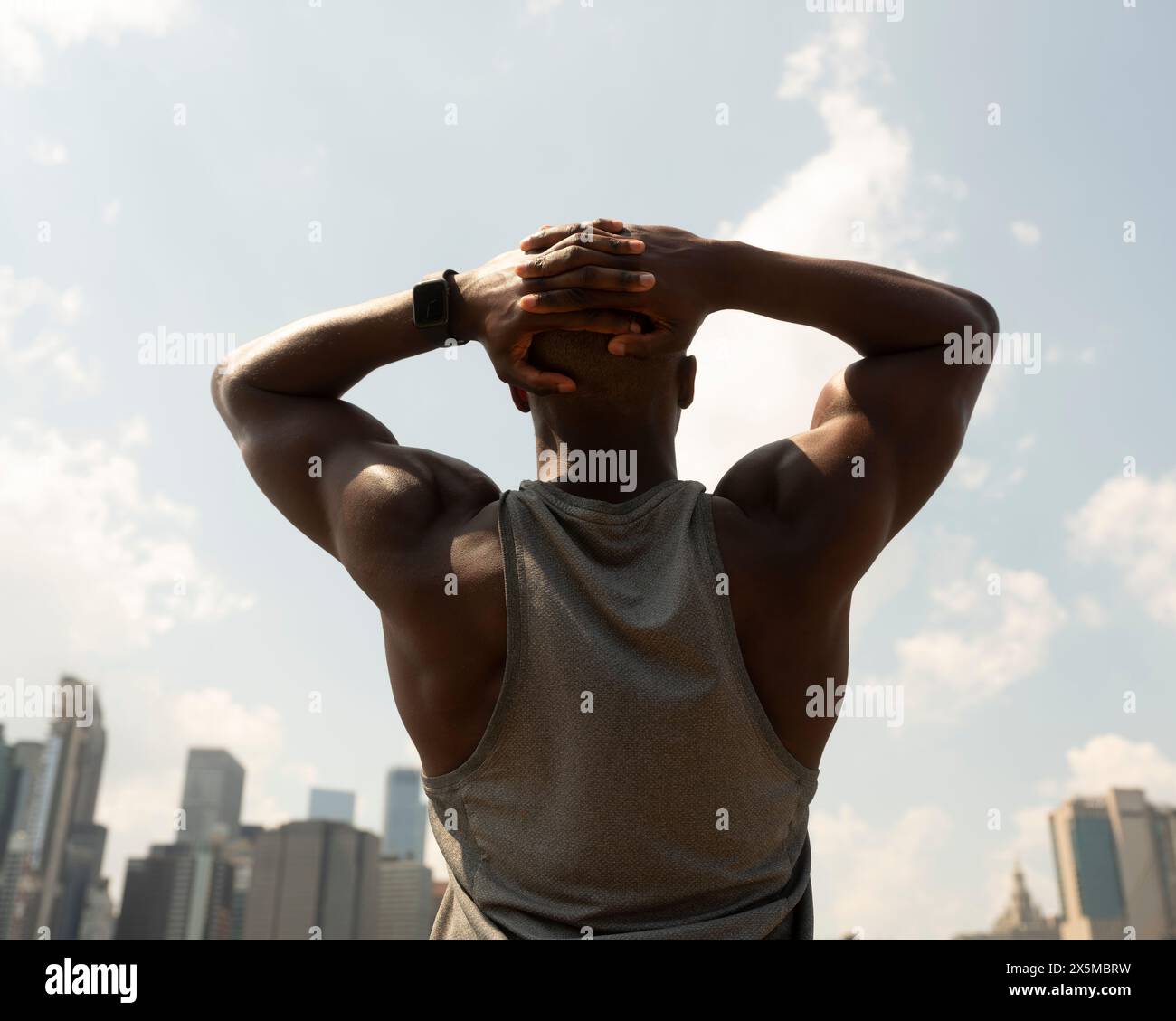 USA, New York City, Rear view of athletic man facing city skyline Stock ...