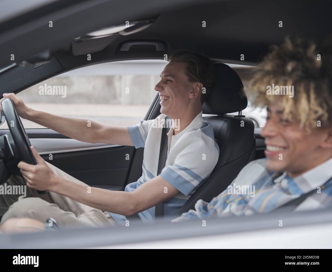Smiling male couple driving car Stock Photo - Alamy