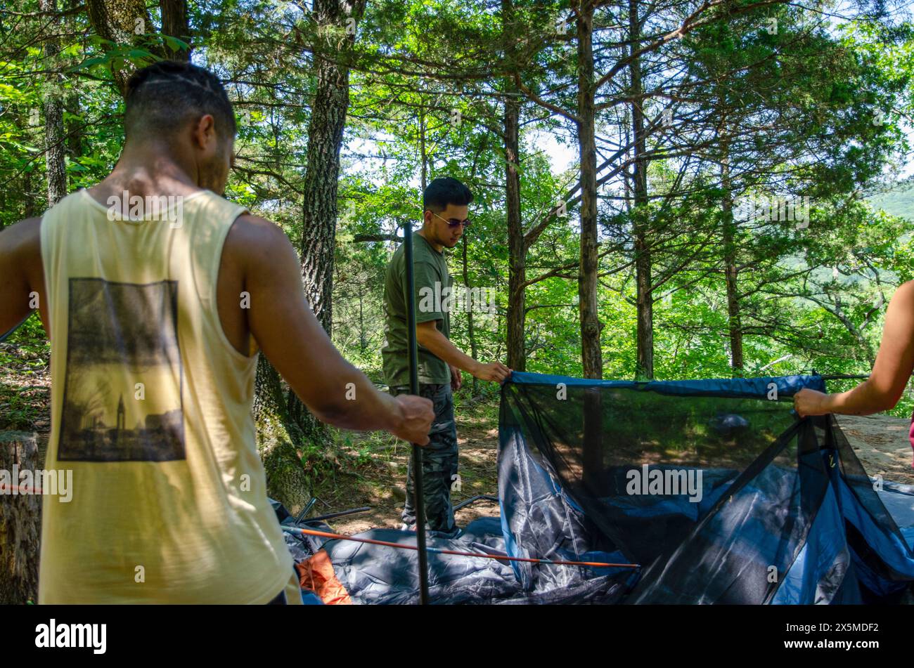 Young people setting up tent Stock Photo - Alamy